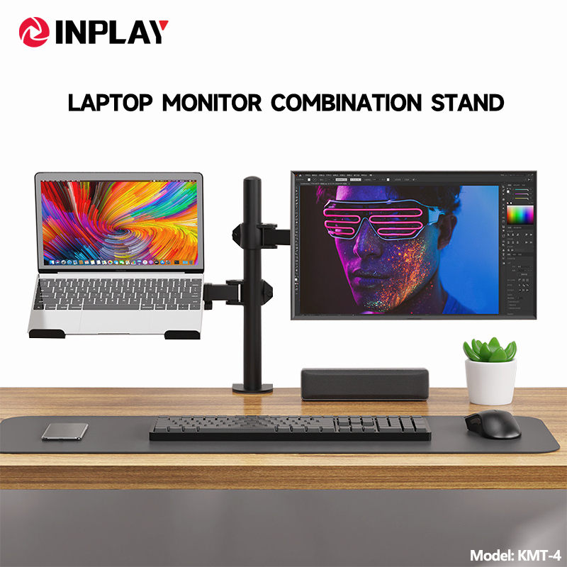 Inplay KMT-4 Monitor Stand With Laptop Tray Dual Arm Desk Mount Fully Adjustable Monitor Mount ...