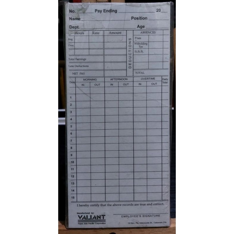 Valiant Monthly Time Card 50 pcs | Shopee Philippines