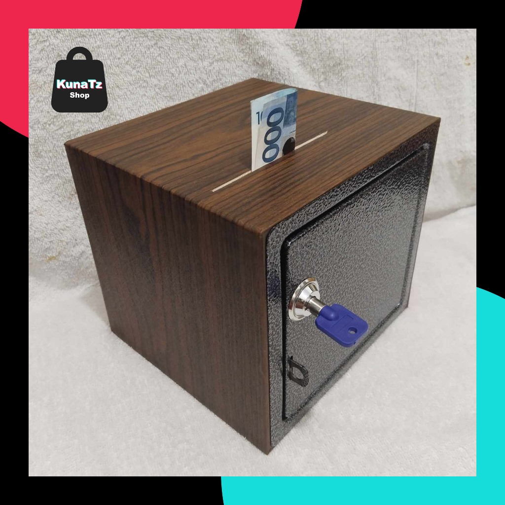 Mini BROWN Alkansya Metal Door Double Lock Mini Wooden Vault Safety Box ...