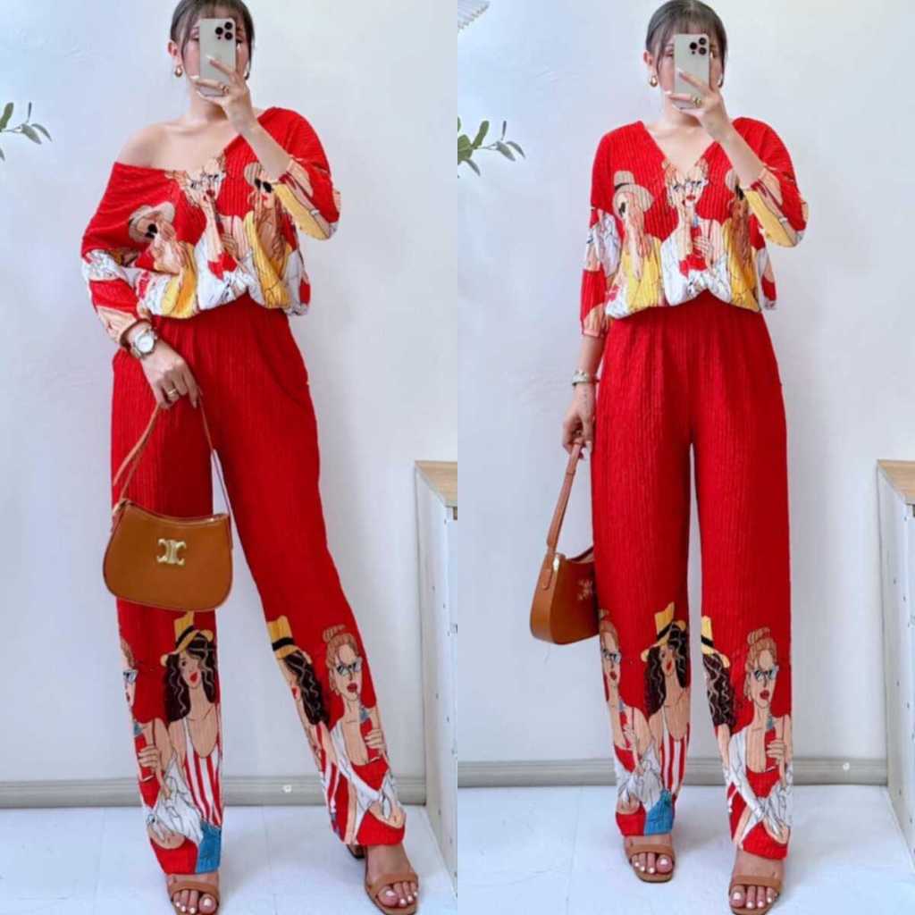 Coco Print V Neck Loose 3/4 Sleeve Top Continues Terno Pants Coords Set ...