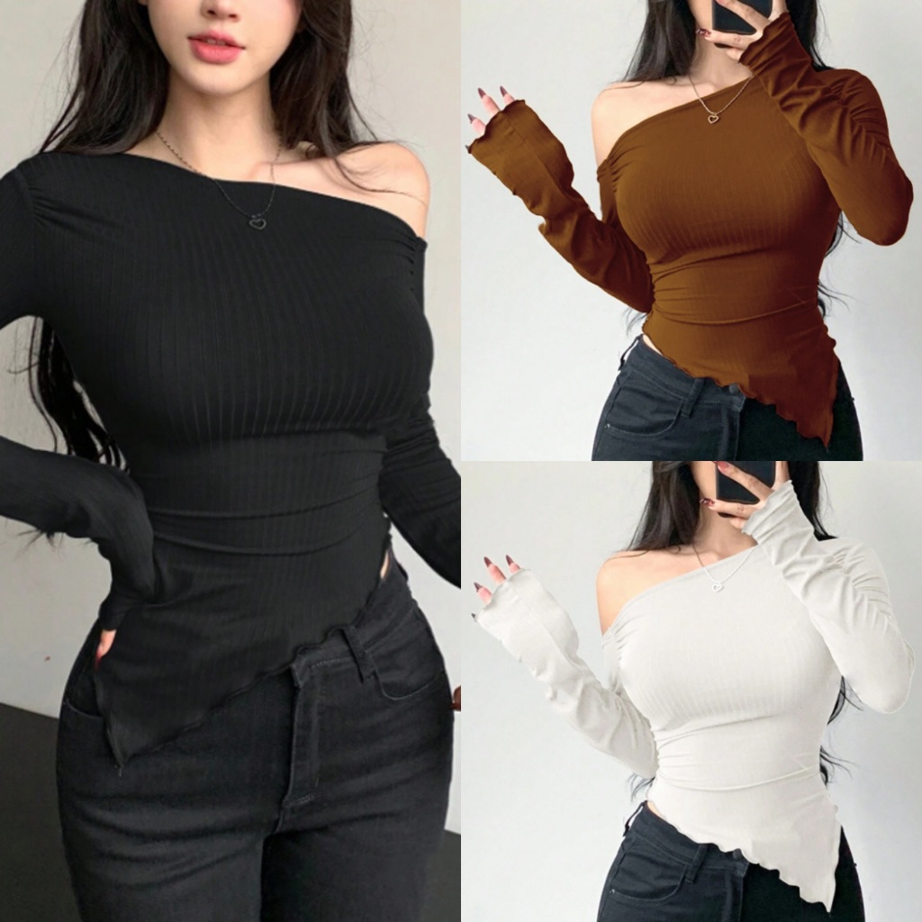 KILY.PH Assymetrical Long Sleeve Bodycon T-Shirt Knitted Tops for Women ...