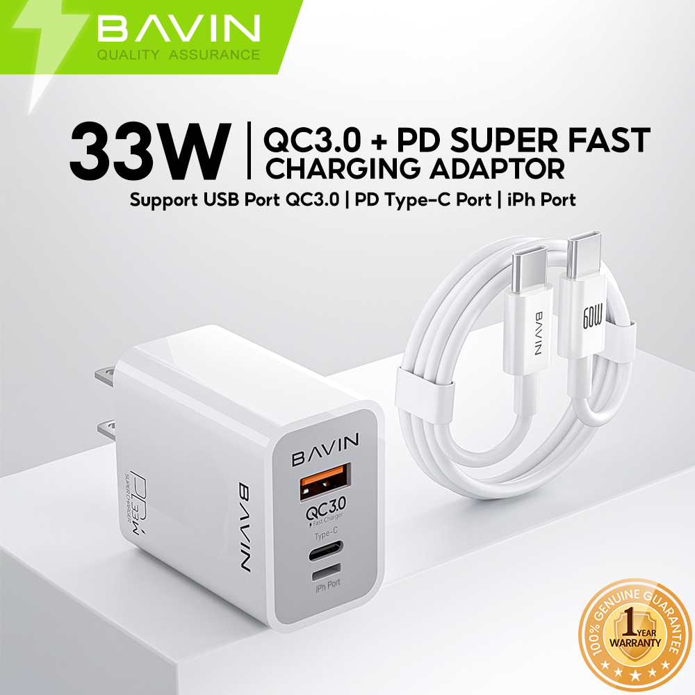BAVIN PC975 PD 33W Fast Charging Adaptor w/ 3 Ports iPh Port, USB QC3.0 ...