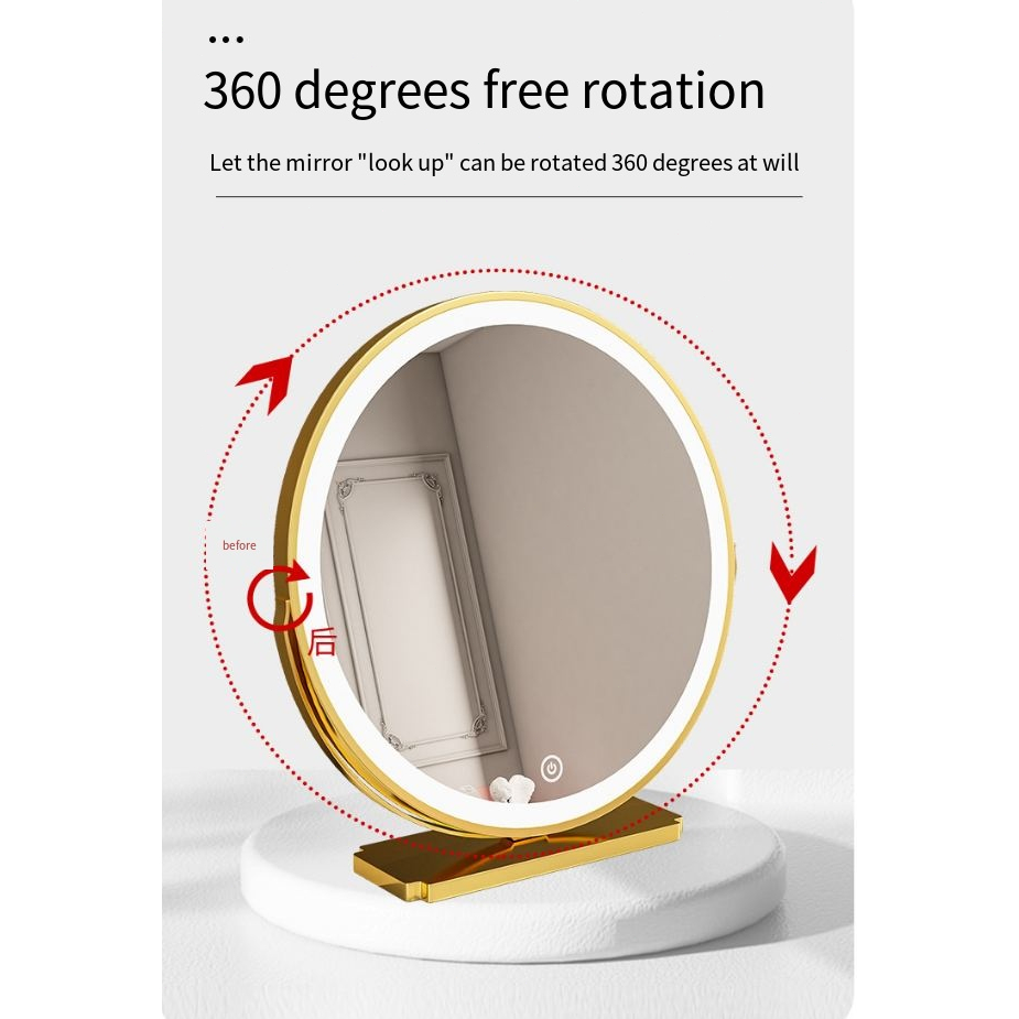 360 ° rotating makeup mirror desktop makeup mirror LED tri color fill ...