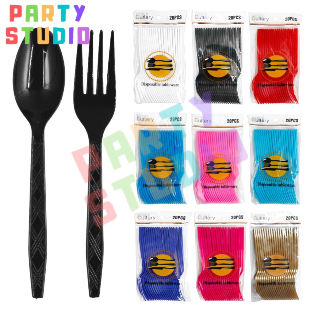 20 pcs Colored Disposable Plastic Spoon and Fork Cutlery Utensils For ...