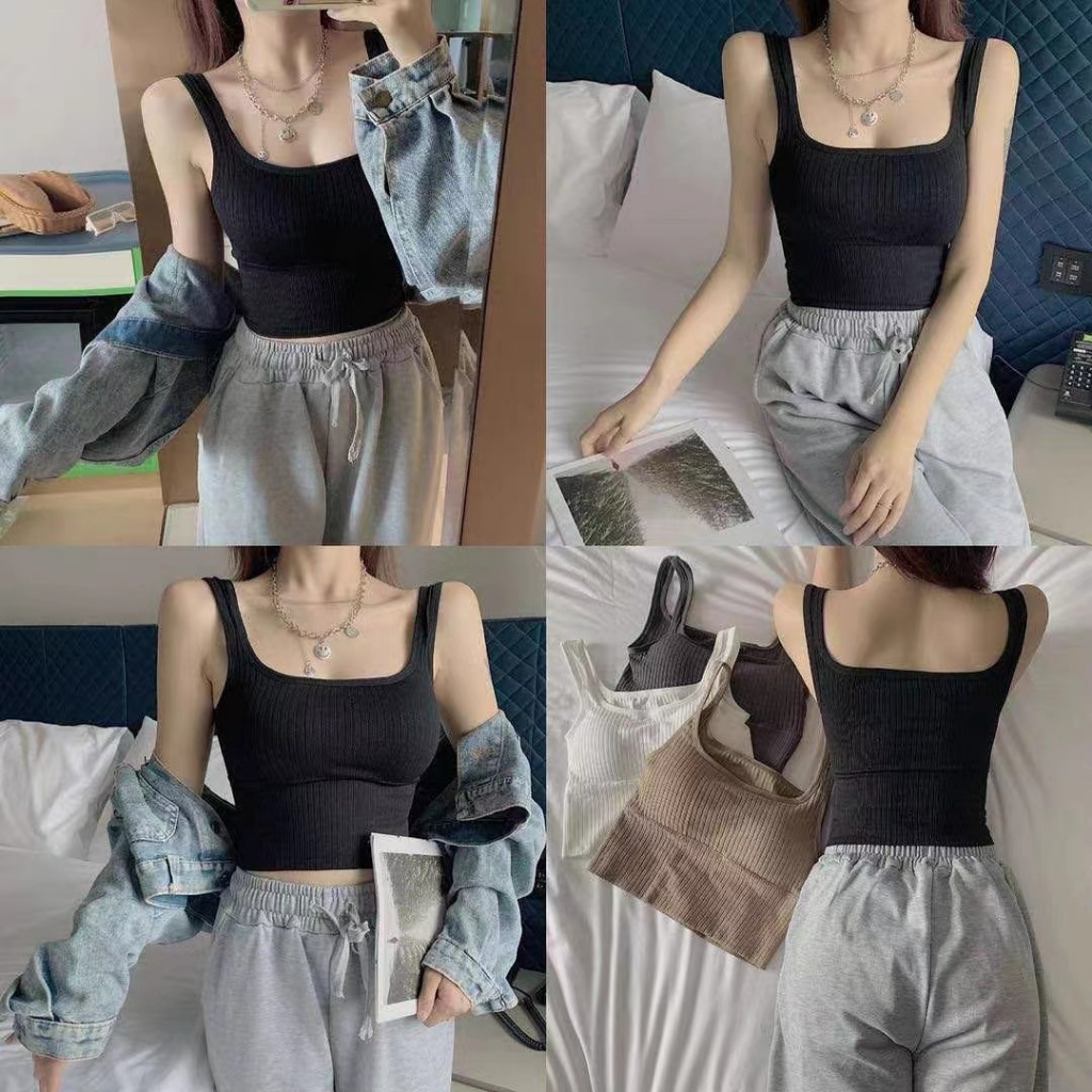 Korean Style Rib Knit With Padded Sando Bra Smocked Back Camisole Crop ...
