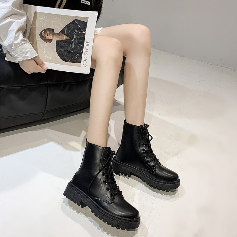 Size 35-41 Mid Top Martin Leather Boots Round Toe Lace Up Flat Bottom ...