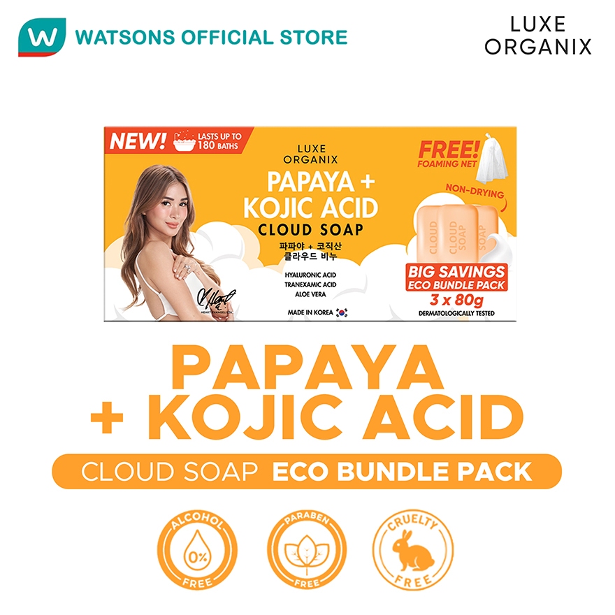 LUXE ORGANIX Papaya + Kojic Acid Cloud Soap 3 x 80g (Eco Bundle Pack ...