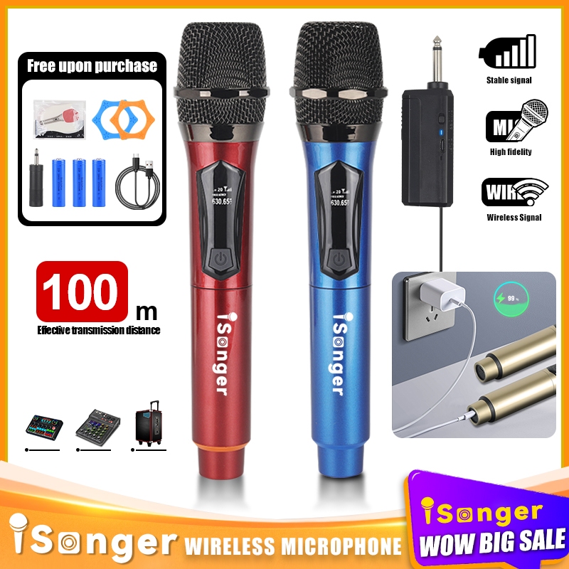 isonger Wireless Microphone, UHF Dual Cordless Metal Dynamic Mic System ...