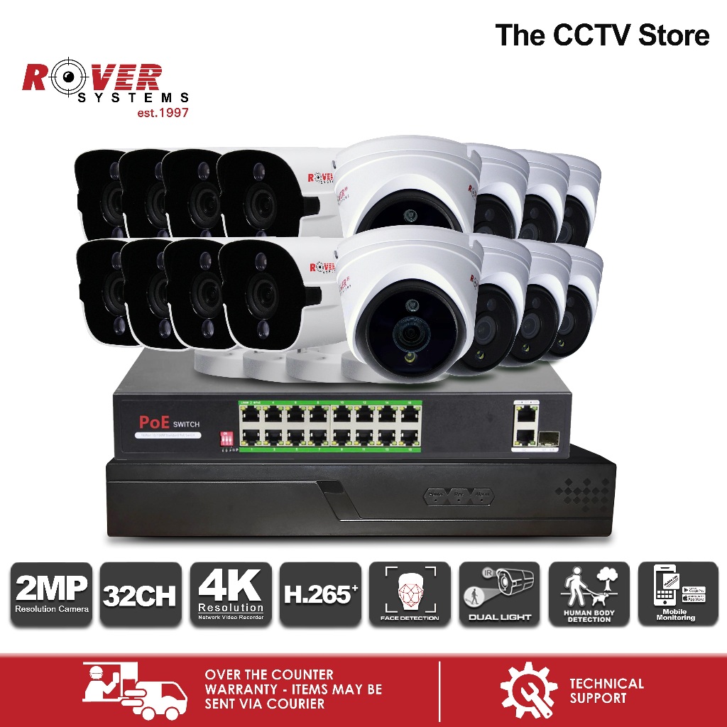 Rover Systems 32Ch NVR 16 Port PoE Switch 16 units 2MP PoE Dual Light ...