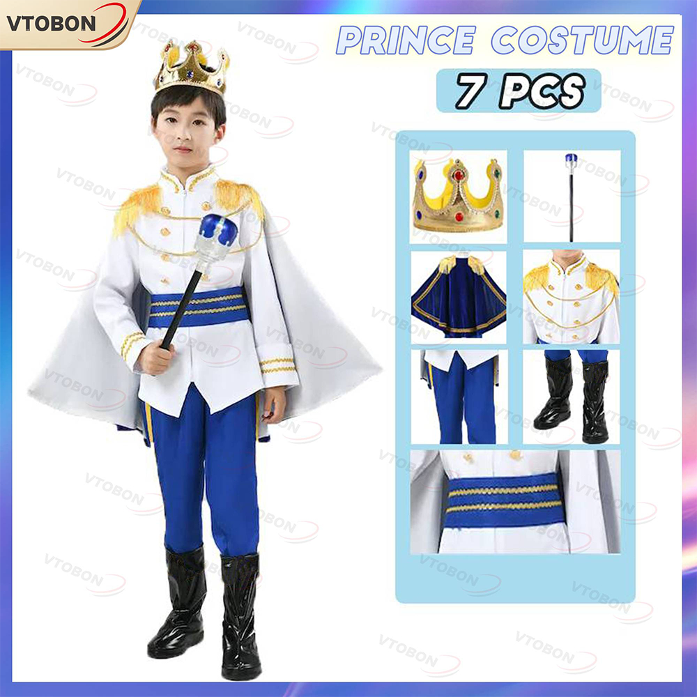 7Pcs Set Prince Costume For Kids Boy Blue King Cosplay Costumes For ...
