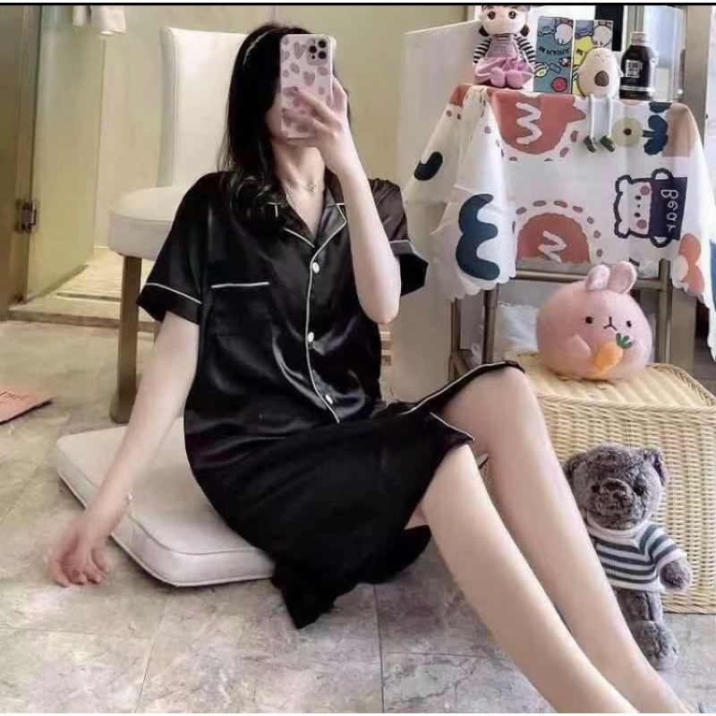 M-XL Women Satin Dress Sleeve Short Terno Duster Silk Sleepwear PLAIN ...
