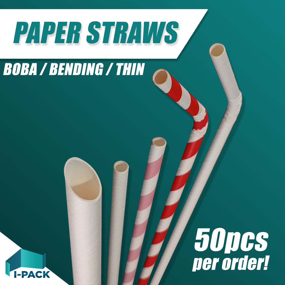 [ 50 PCS ] Paper Straws ( Thin, Bending, Boba ) 8-9 inches for Milktea ...