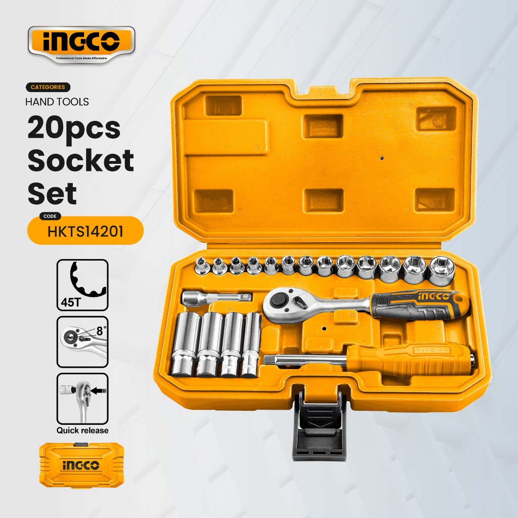 INGCO 20PCS Socket Set Quick Release Reversible Ratchet With Socket Set ...