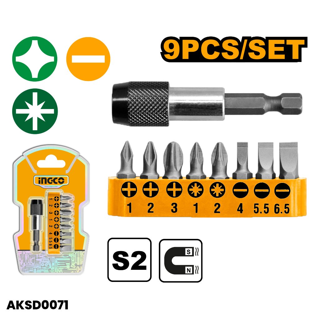 Ingco 9pcs/Set Screwdriver Bits S2 Industrial Steel Magnetic ...