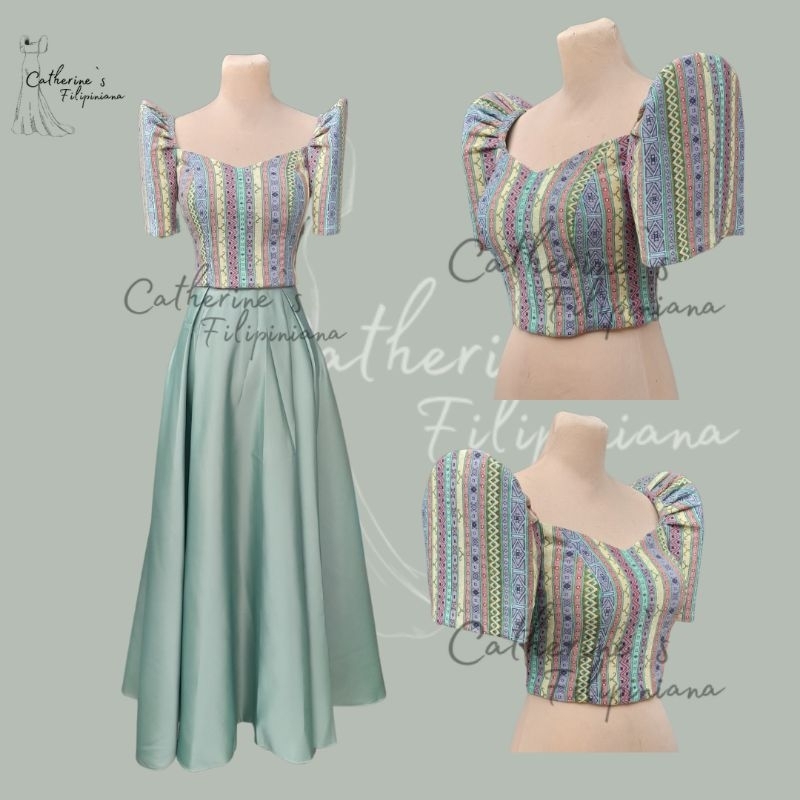 Modern Filipiniana Rainbow Ethnic Top with Sage Green Pleated Skirt ...