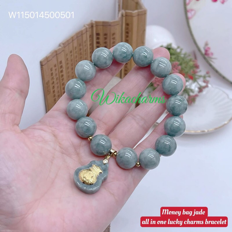 (wikacharms) burma jade with money bag all in one lucky charms bracelet ...