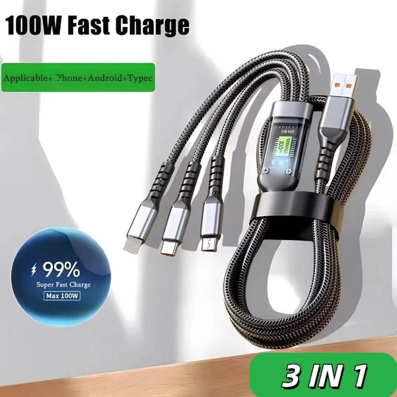 100W 3 in 1 Super Charging Cable 6A Micro USB Type C Fast Charger Type ...