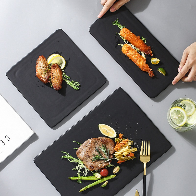 Matte black ceramic cake flat rectangular display plate steak flat ...