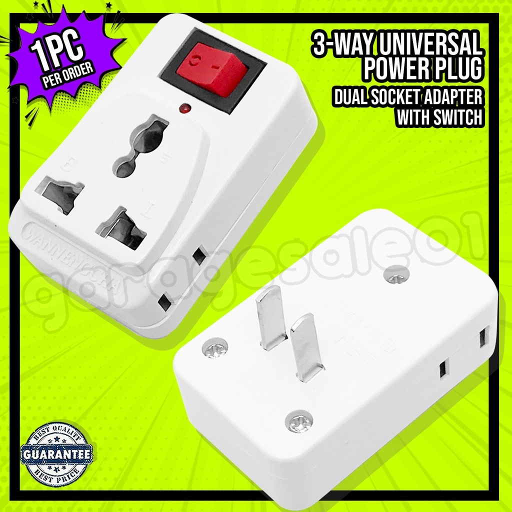 GS10 3-way Universal Power Plug Dual Socket Adapter with Switch ...