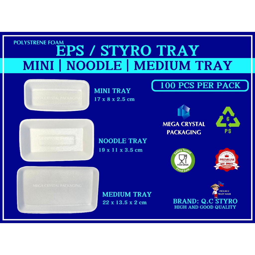 [ 100 Pcs ] Styro / Disposable Tray Mini Noodle Medium Tray Fruit Tray ...