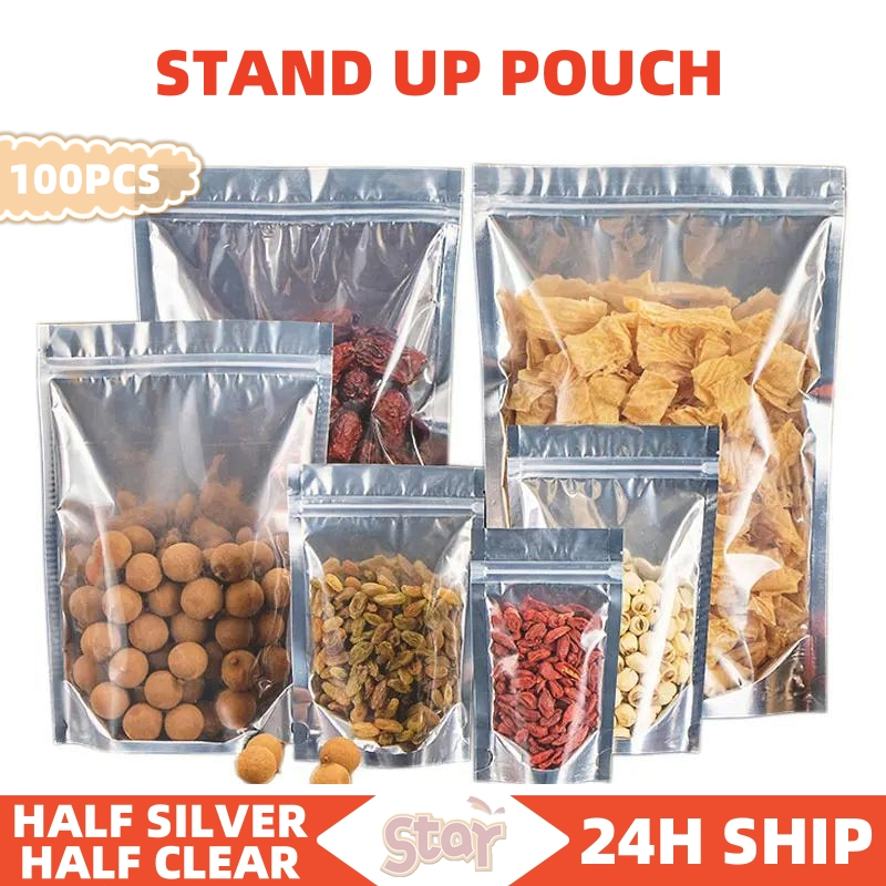 100pcs Half Silver Aluminum Half Clear Stand Up Pouch with Zip Lock Resealable Packaging ...