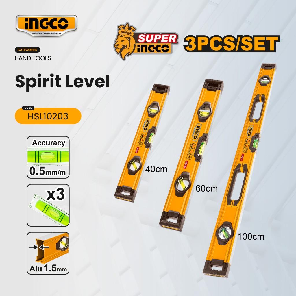 Ingco 3pcs Spirit Level Set 40cm-100cm Multi-Purpose Bubble Alignment ...
