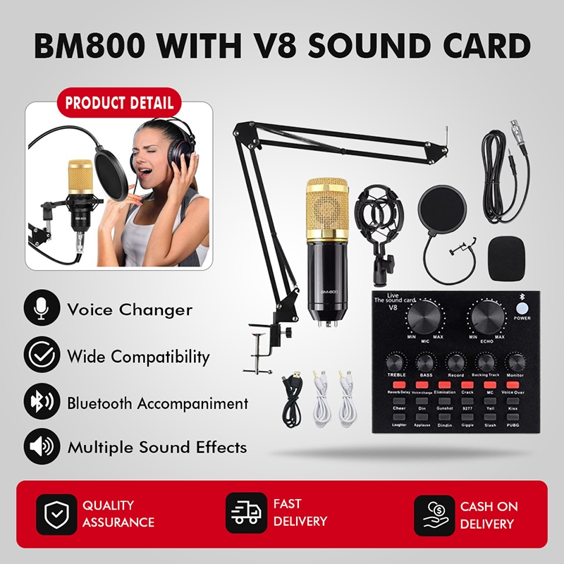 BM-800 Condenser Microphone V8 Soundcard Kit for Karaoke Recording Videoke Microphone Full Set ...