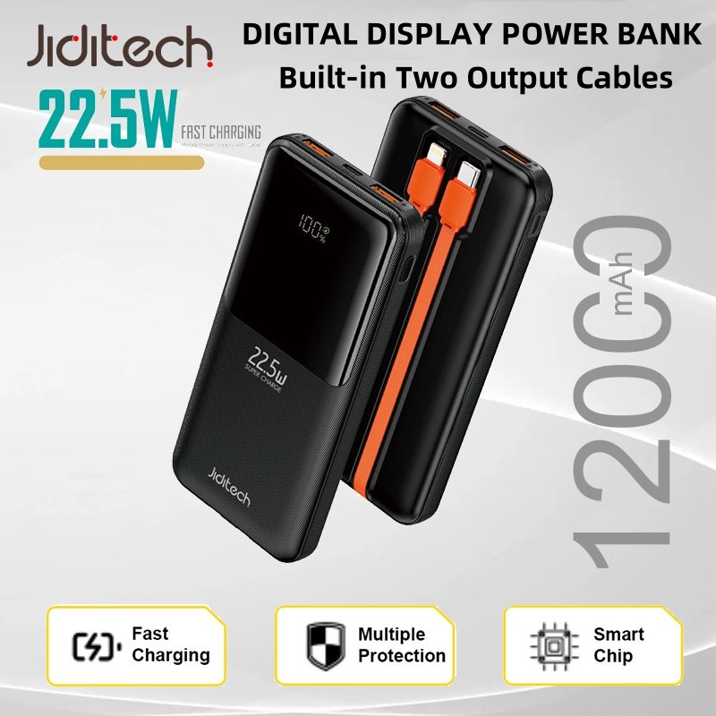Jiditech Real 12000mAH Power Bank Built in Two Cables Slim Portable 22 ...