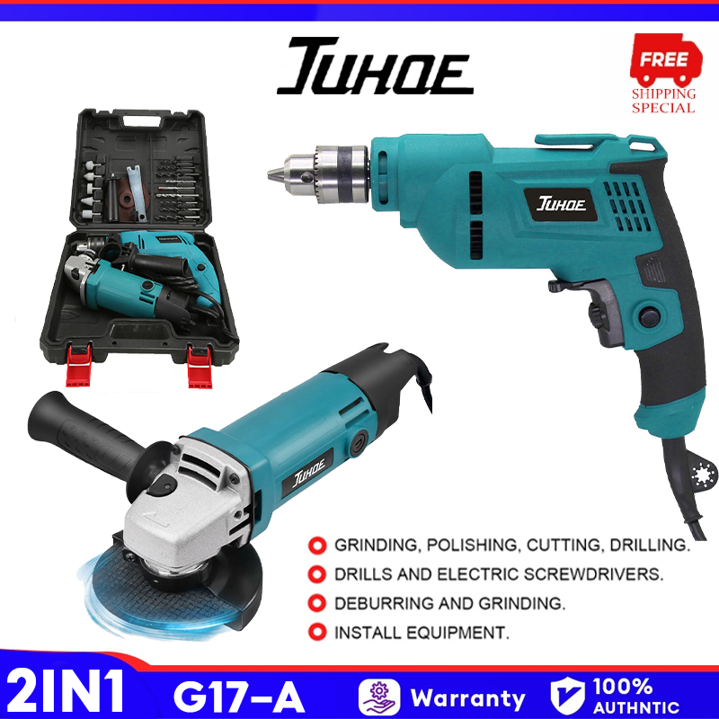 JUHOE 2in1 Professional Angle Grinder and Impact Drill Set Drill ...