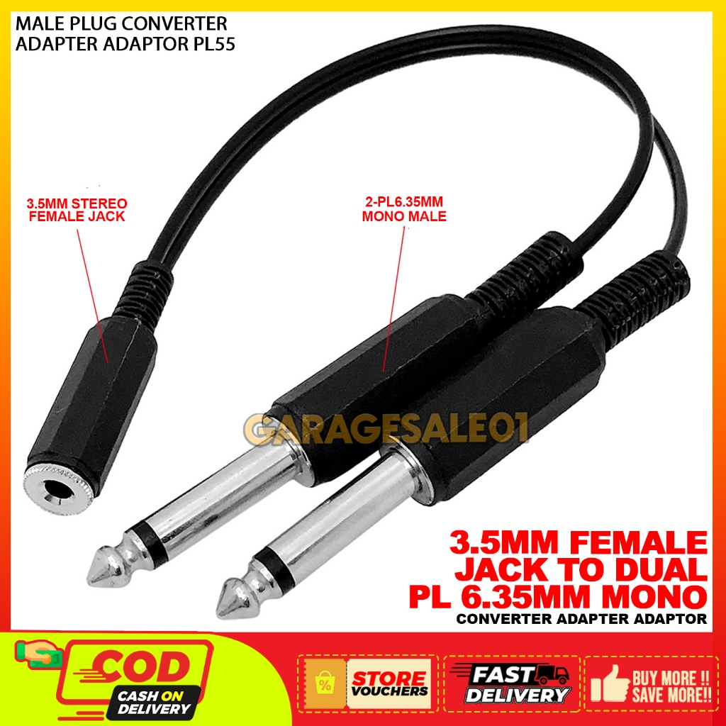 GARAGESALE01 3.5mm Female Jack to DUAL PL 6.35mm MONO Male Plug ...
