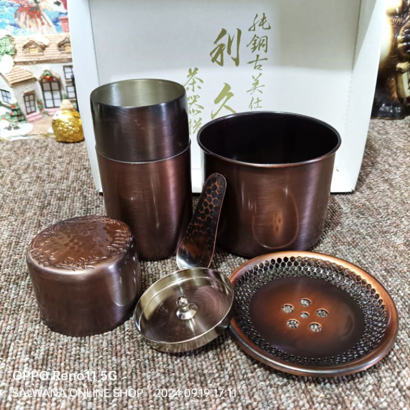 JAPANESE PURE COPPER TEA UTENSIL SET • TEA CADDY POT SPOON • Japan ...