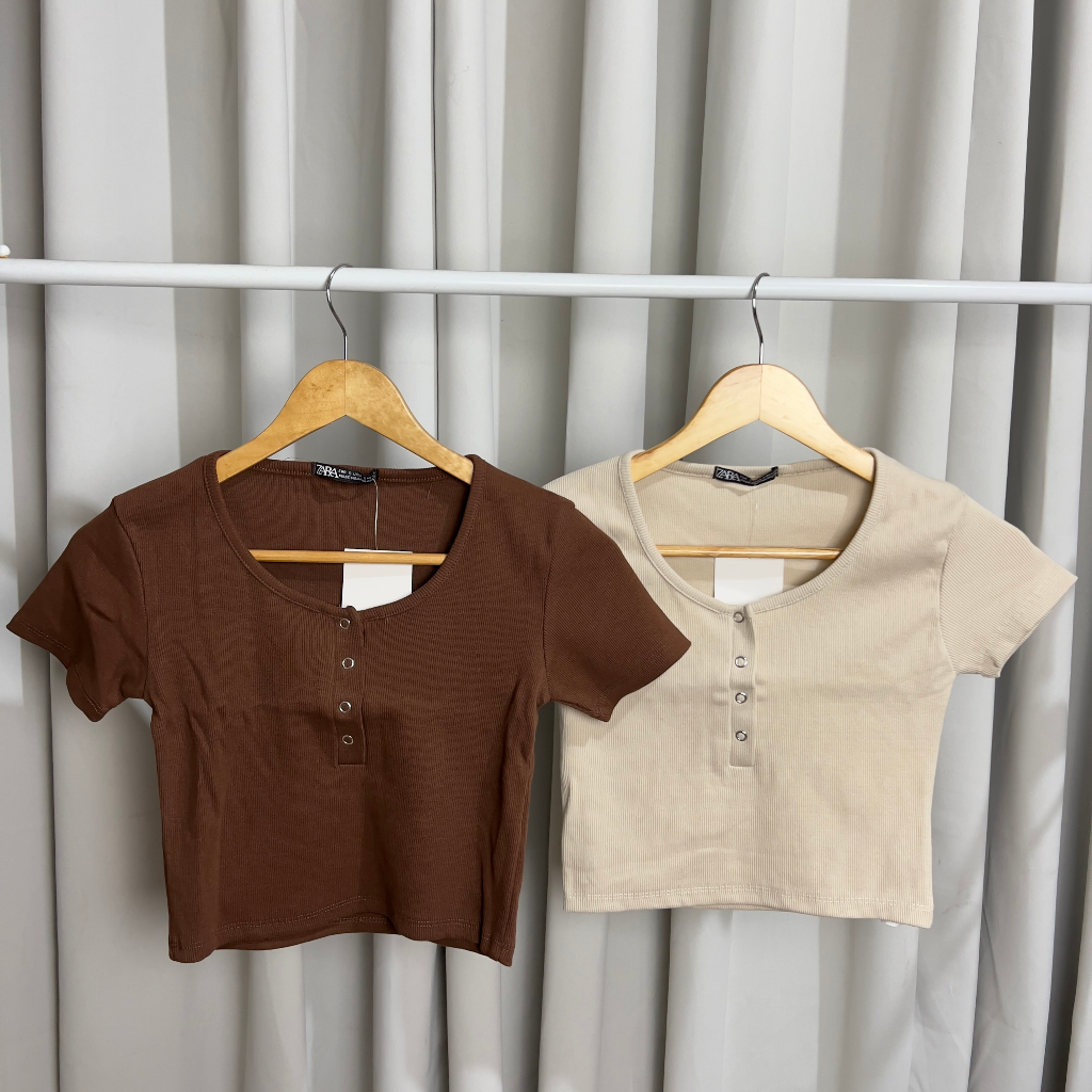 DEAR CLOSET | Zara Snap Button Round Neck Semi Croptop | Shopee Philippines