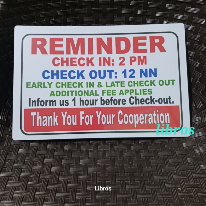 PVC A4 size Signage Reminder Check in Check out Inform Us 1hr before ...