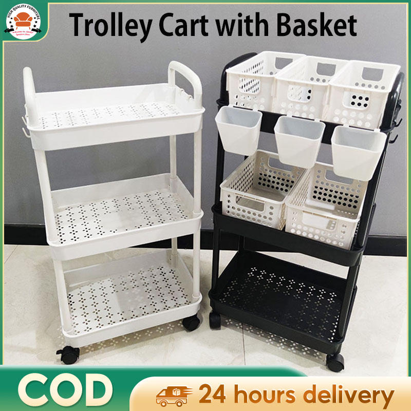 Family Bundle Set 3-Tier Utility Cart with 2 Wide Baskets 3 Narrow ...