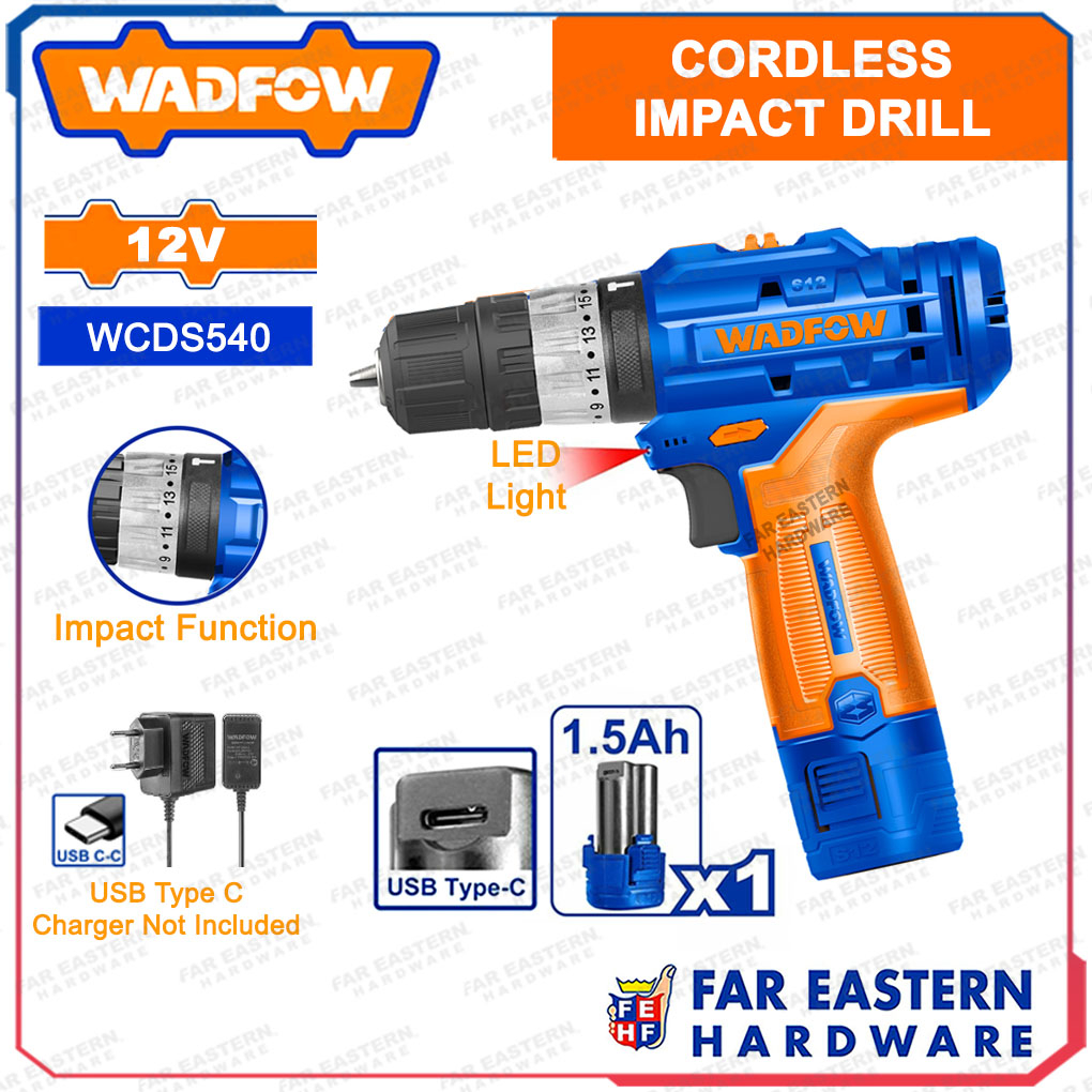Wadfow Cordless Impact Hammer Drill W Type C Battery 12v Wcds540
