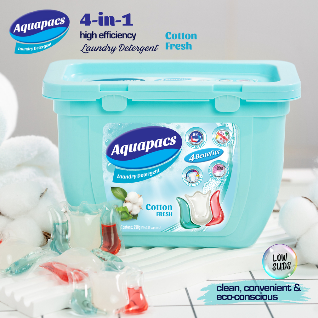 Aquapacs Laundry Pods Cotton Fresh 250g (25 Washes) | 4-in-1 Detergent ...