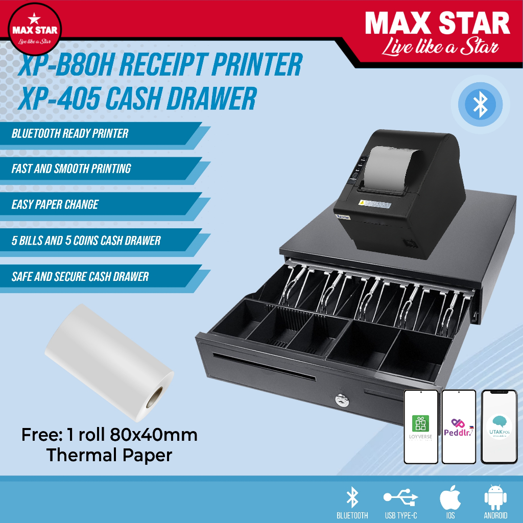 max-star XP-B80H BLUETOOTH+USB 80mm Thermal Receipt Printer + Electronic POS Cash Drawer Combo ...