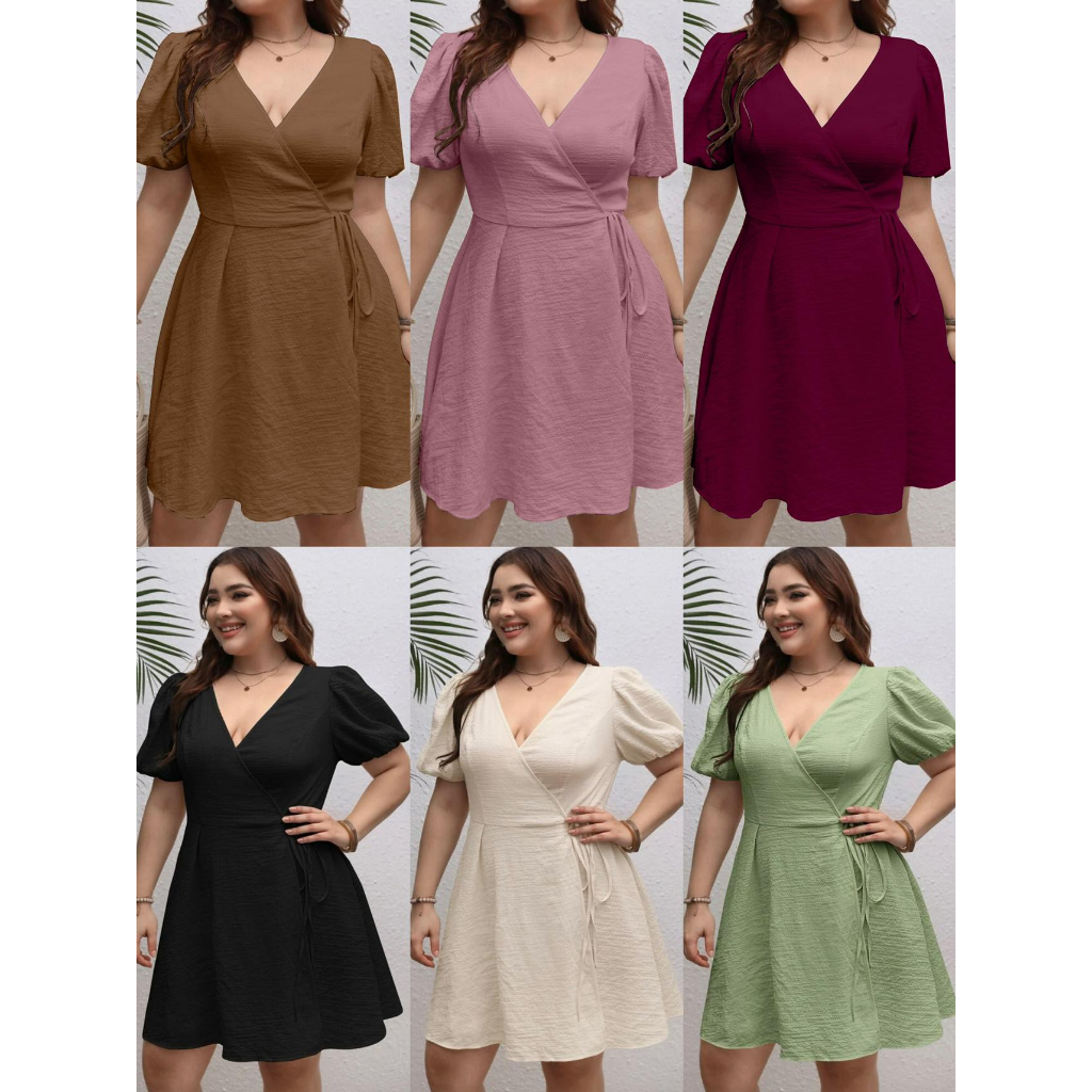 A3221 Uyua Elastic Sleeve Back Garter Plus Size Wrap Dress | Shopee ...