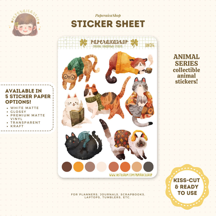 Cozy Cats Vinyl Stickers, Cute Cat Vinyl Stickers, Autumn Cat Stickers ...