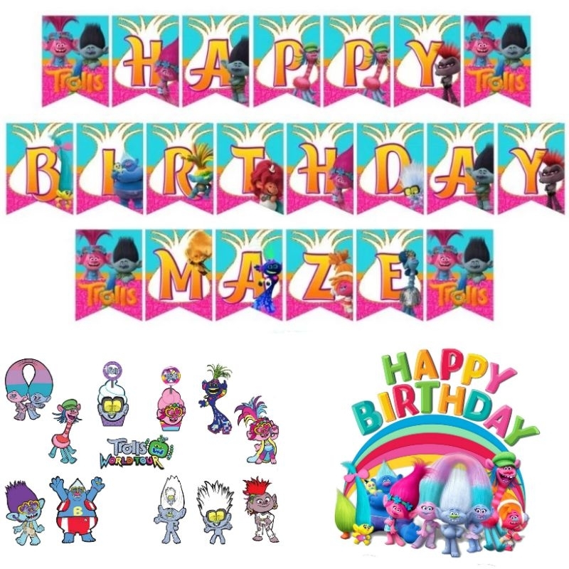 Trolls Movie Theme Birthday Party Banner Cupcake Cake Topper Decoration ...