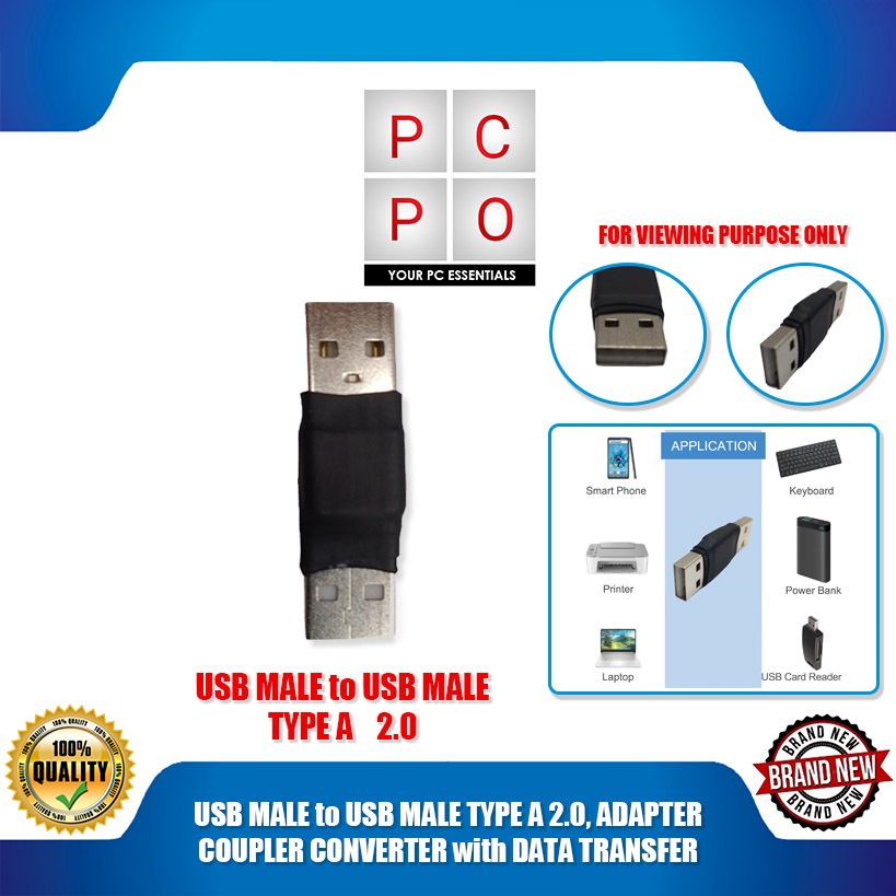 PC PO USB MALE to USB MALE TYPE A 2.0, ADAPTER COUPLER CONVERTER with ...