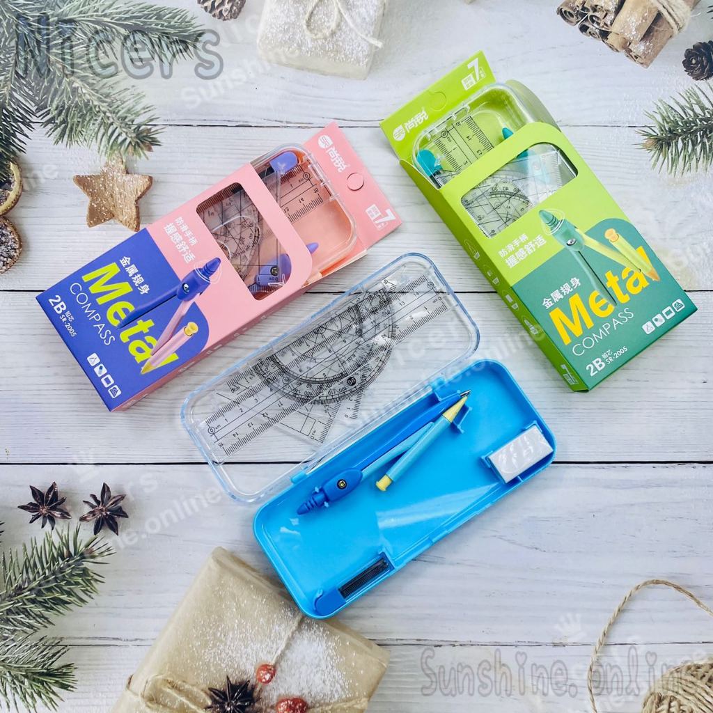 SR-2005 7Pcs/Set Geometry Metal Compasses Ruler Kit Protractor ...