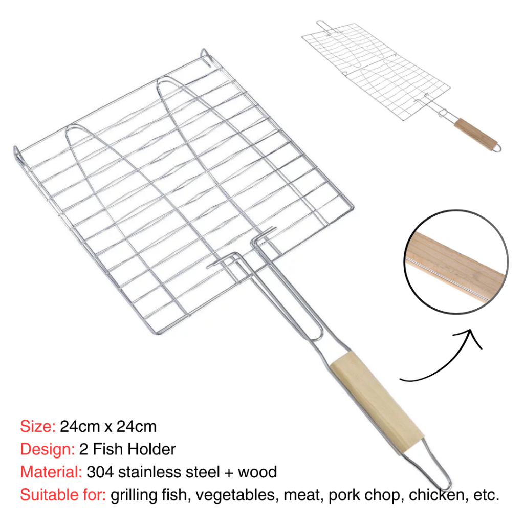 Stainless steel non stick fish grill mesh wire net with wooden handle ...