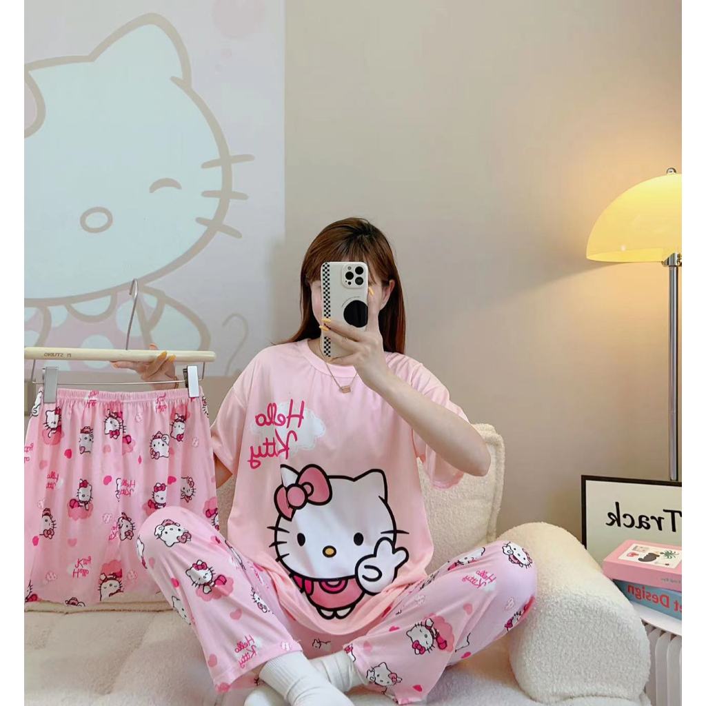 3in1 Cartoon Sleepwear New Korean Style hello-kitty Cotton Short Sleeve T-Shirt Pajama Set for ...
