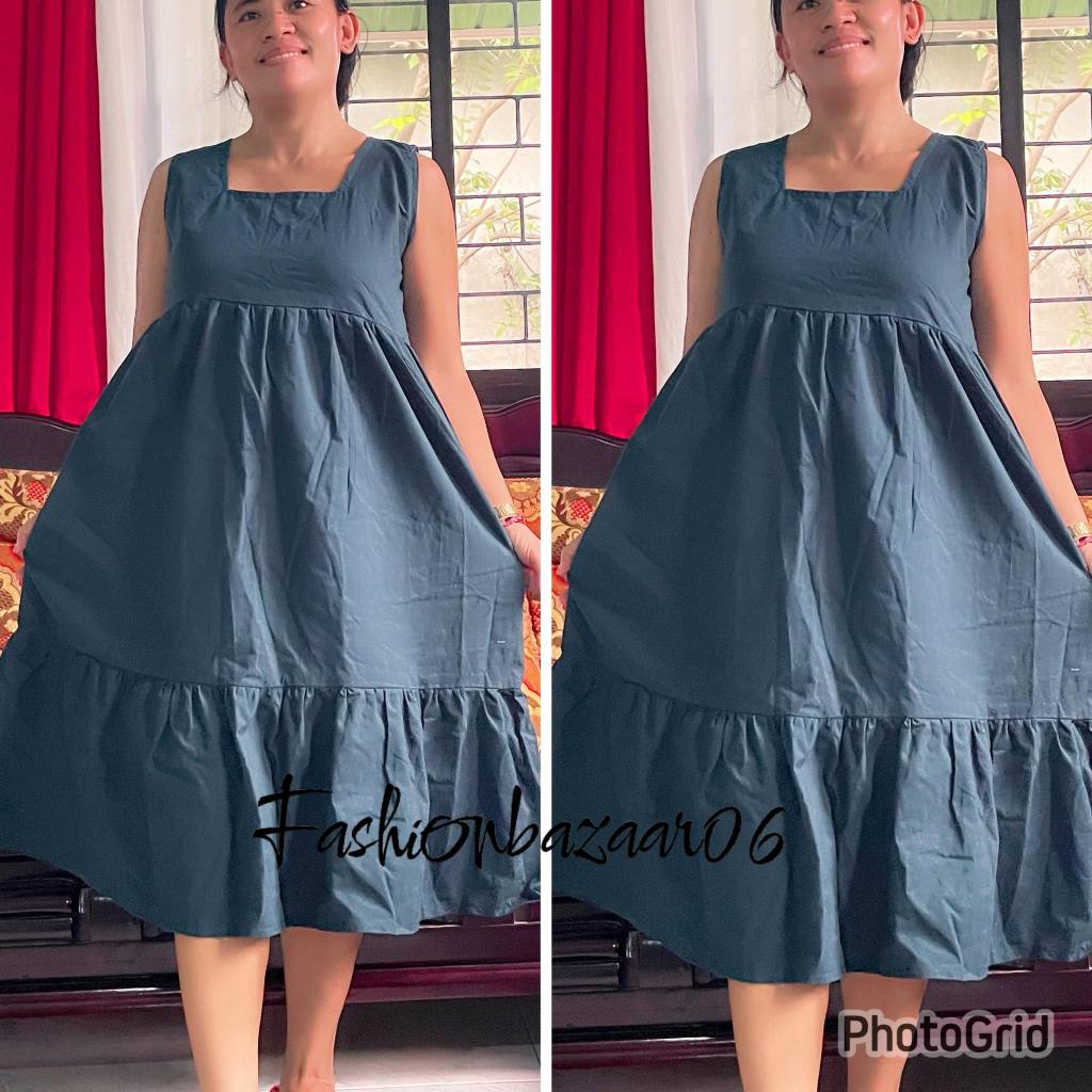 LONG DRESS SANDO SQUARENECK MADE WITH COTTON LINEN FABRIC | Shopee ...