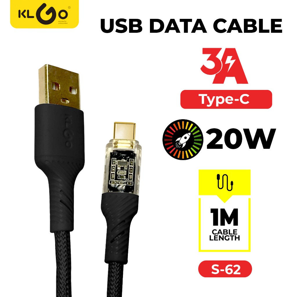 KLGO S-62 1 Meter 20W Type C 3A Max Quick Charging USB Data Cable Fast ...