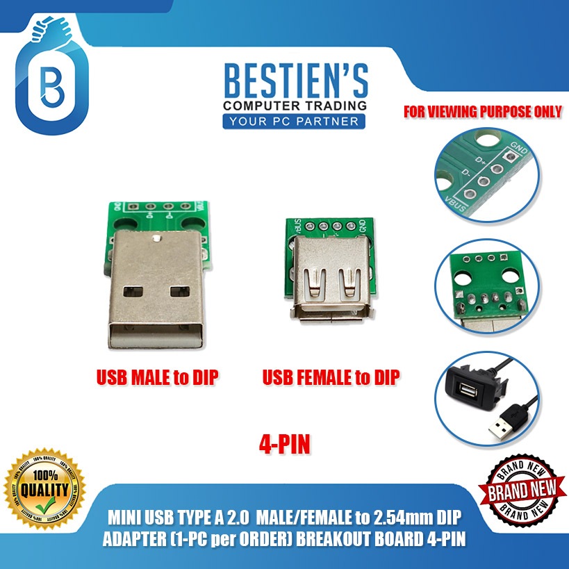 MINI USB TYPE A 2.0 MALE/FEMALE to 2.54mm DIP ADAPTER (1-PC per ORDER ...