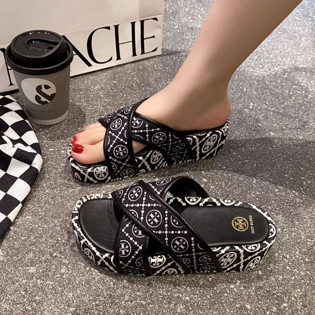 New style two strap sandal sliper printed wedges sandals high quality ...