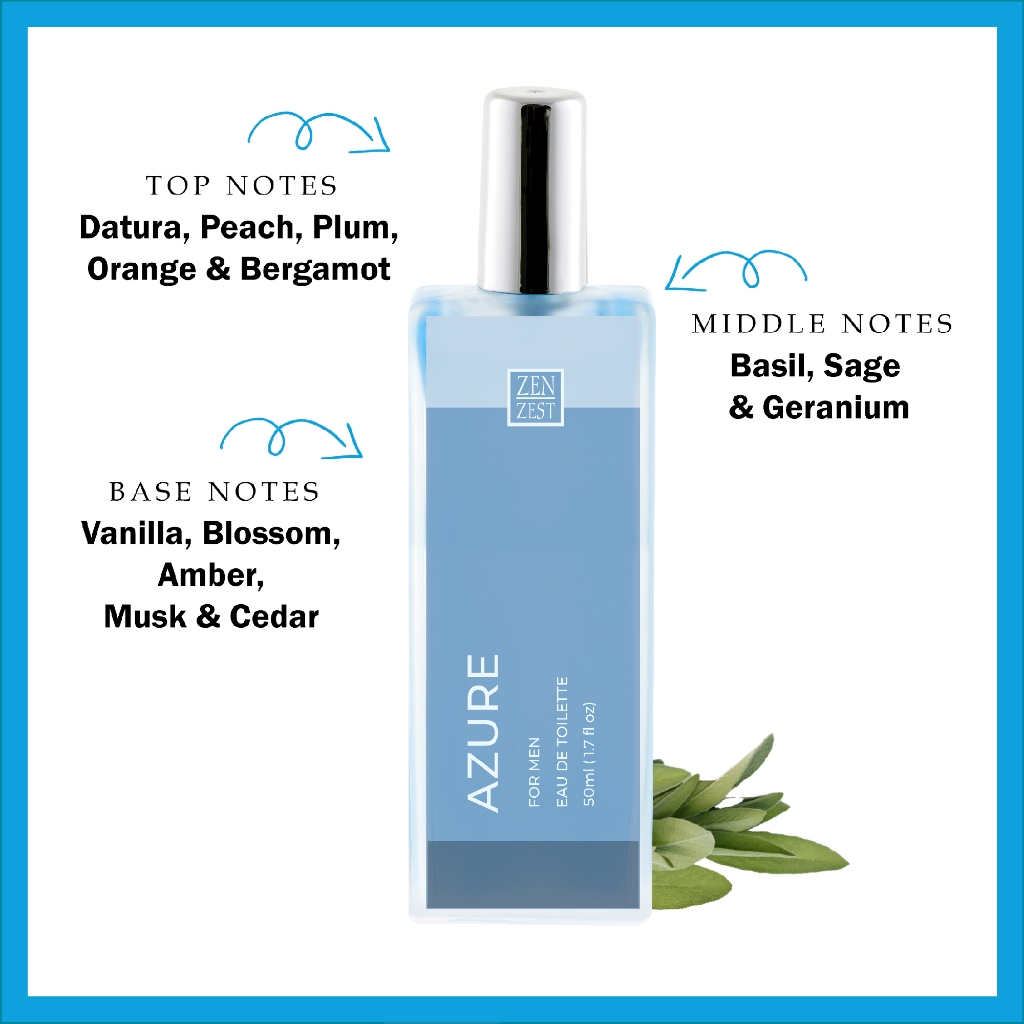 AZURE 50ml Long lasting Fruity Fresh Fragrance Zen Zest Oil Based Eau ...