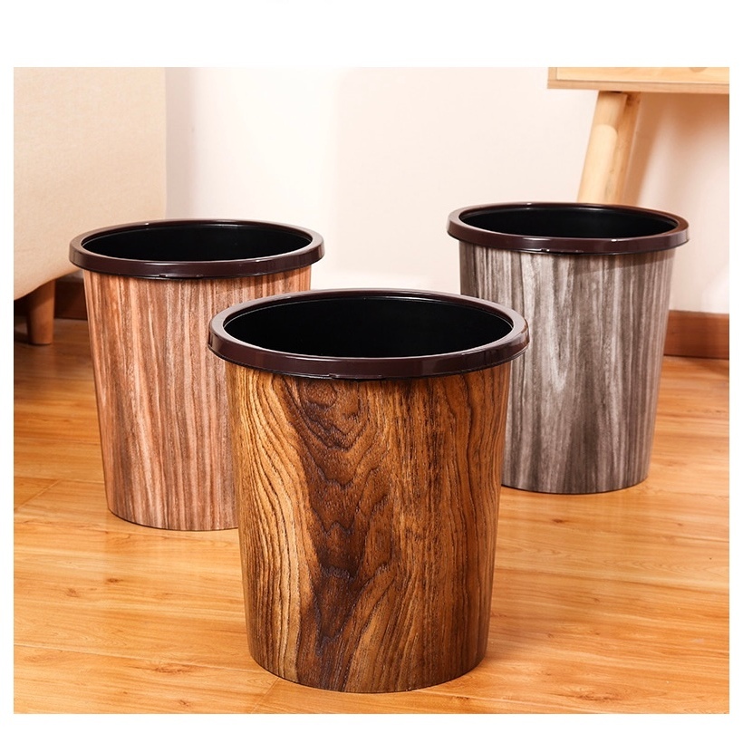 Round Garbage can Waste Bins Retro Plastic Trash Can Wood Grain Garbage ...